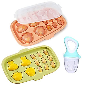 Baby Food Freezer Trays - Food Storage Containers with with Lids, Silicone Food Molds Trays for Homemade Baby Food, Breast Milk, Vegetable, Juice & Fruit Purees, 2 Pack (Orange/Green)