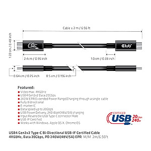 Club 3D CAC-1575 USB4 Gen3x2 Type C to Type C Bi-Directional Cable with 240W Charging, 20Gbps Data Transmission and Supports 4K60Hz Video 2m - 6.56ft