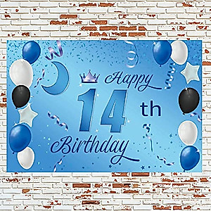 Sweet Happy 14th Birthday Backdrop Banner Poster 14 Birthday Party Decorations 14th Birthday Party Supplies 14th Photo Background for Girls,Boys,Women,Men - Blue 72.8 x 43.3 Inch