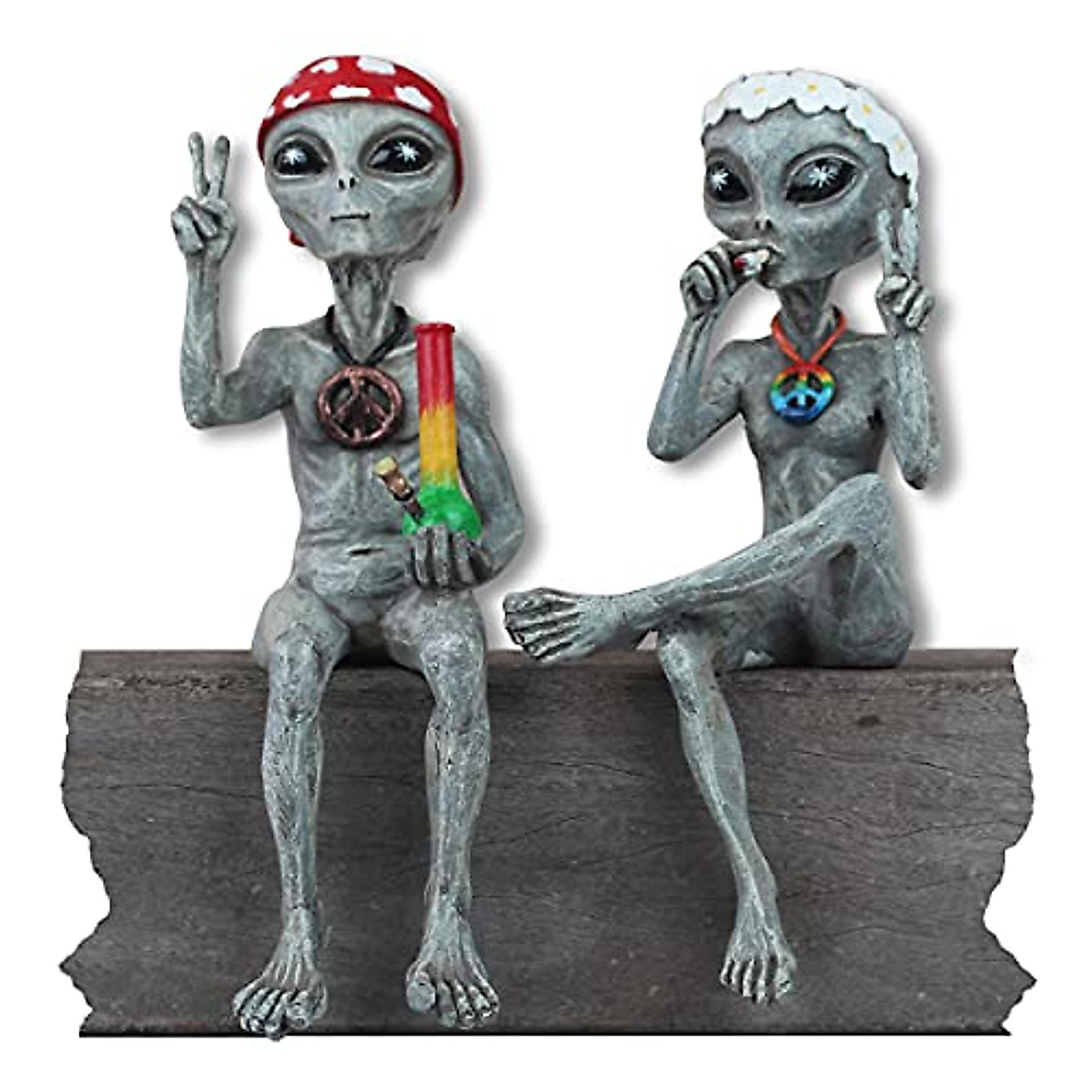 “Hippie and Stoner” Alien Statues Couple Hippie Pot Smoking Marijuana Weed 10 “ H Alien Figurines Shelf Sitters Indoor/Outdoor Funny Home Patio or Garden Decoration – Set of 2 (Alien Gray)