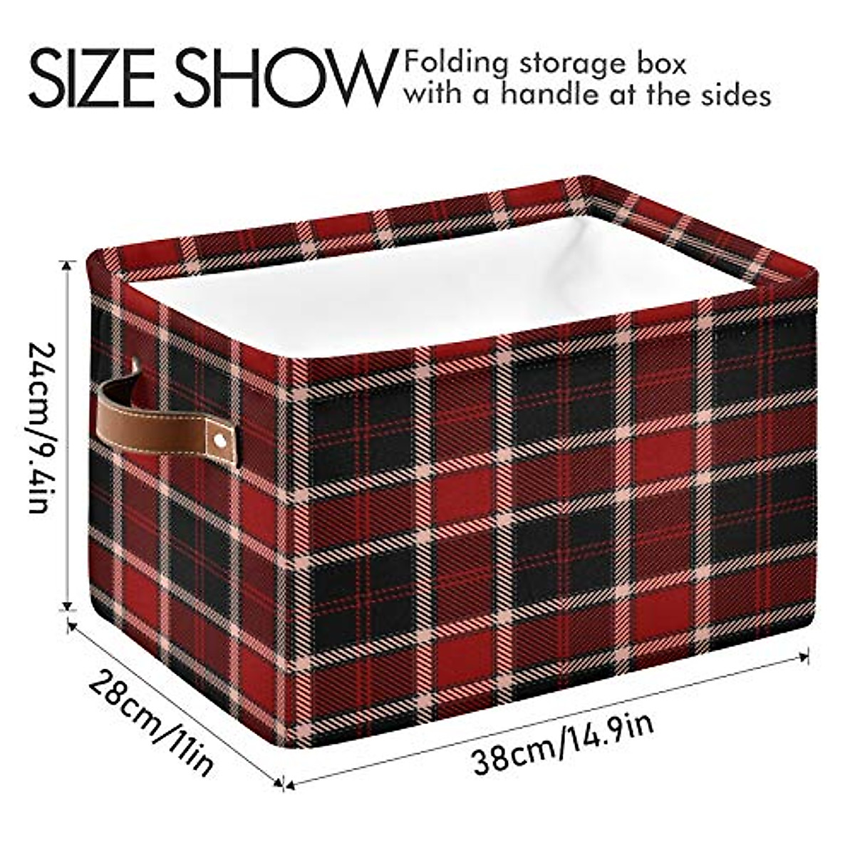 ALAZA Decorative Basket Rectangular Storage Bin, Red Black and Pink Tartan Plaid Scottish Organizer Basket with Leather Handles for Home Office