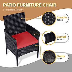 PAIQIAN Patio Set 3 Piece Outdoor Rattan Porch Furniture with Tempered Glass Side Table & Cushion All Weather Conversation Bistro Set for Balcony,Deck,Porch (Black/Red)