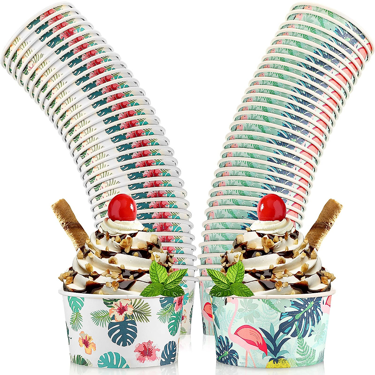 Hawaiian Summer Party Supplies Ice Cream Bowls Disposable Treat Snack Cups 8 oz Paper Yogurt Dessert Bowls for Sundae Soup Candy Hot or Cold Food Party Supplies(Floral Pattern,60 Count)
