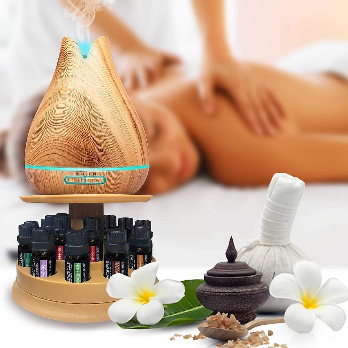 Aromatherapy Essential Oil Diffuser Gift Set with 20 Oils and Rotating Display Stand - 400ml Ultrasonic Diffuser with 20 Essential Plant Oils - 4 Timer & 7 Ambient Light Settings