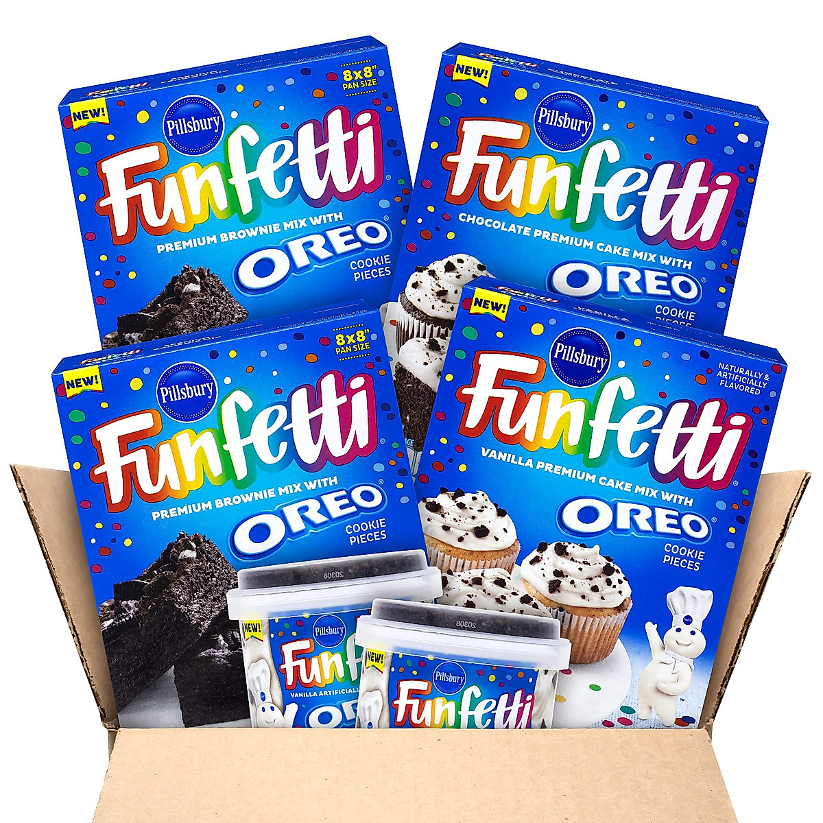 Pillsbury Funfetti Oreo Cake Mix, Brownie Mix, and Frosting Variety Pack, Pack of 6, Chocolate and Vanilla Cake Mix, Chocolate Brownie Mix, Vanilla Frosting
