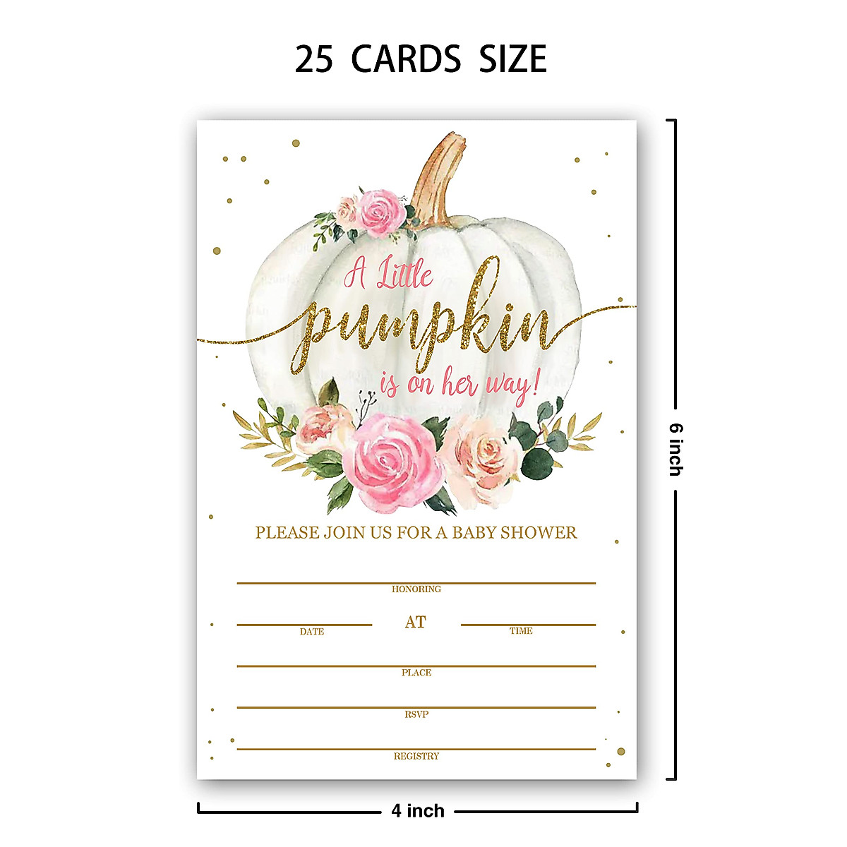 Pumpkin Floral Baby Shower Invitation Set, Books For Baby, Thank You, Diaper Raffle, Fill In Invites Cards,Each Design 25 Cards & Envelopes (Total 100 Cards) – (b011-taozhuang)