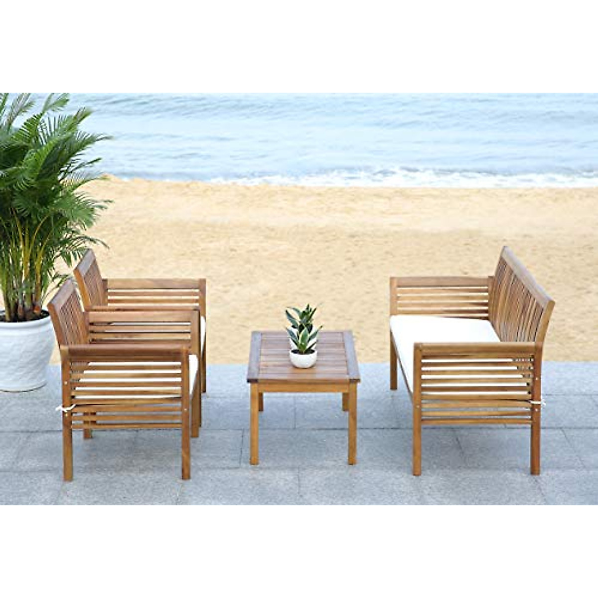 SAFAVIEH Outdoor Collection Carson Natural/ Beige Cushions 4-Piece Conversation Patio Set