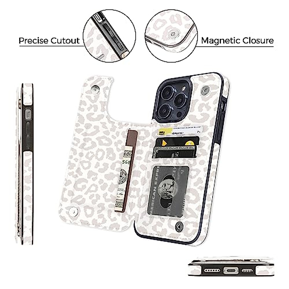 uCOLOR Compatible with iPhone 14 Pro Max 6.7" Wallet Case with Card Holder Folio Flip PU Leather Kickstand Card Slots Case Double Magnetic Clasp and RFID Blocking Cover 6.7 Inch (Beige Leopard)