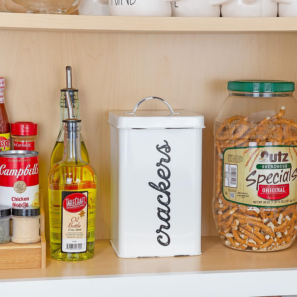 AuldHome Design Rustic White Cracker Tin; Square Enamelware Classic Cracker Canister