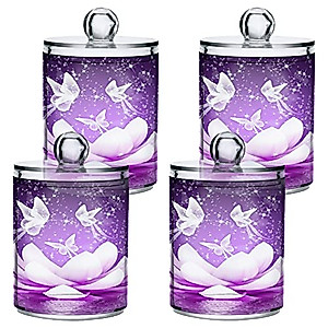 ALAZA 2pcs Beautiful Lotus Flower Qtip Holder Dispenser 14 oz Bathroom Storage Clear Apothecary Jars Containers Cotton Ball,Cotton Rounds,Floss Picks, Hair Clips, Food
