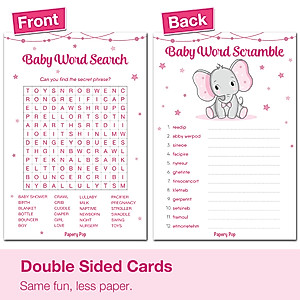 Papery Pop Baby Shower Games for Girl - Set of 4 Games for 30 Guests - Double Sided Cards - Baby Shower Supplies - Elephant