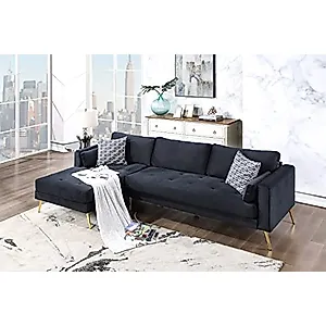P PURLOVE Sectional Sofa Couch, L-Shape Upholstered Couch with Two Pillows for Living Room Home Furniture, Black
