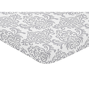Sweet Jojo Designs Gray and White Damask Baby Girl Fitted Mini Portable Crib Sheet for Elizabeth Collection - for Mini Crib or Pack and Play ONLY