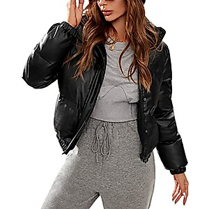 Tanming Womens Faux Leather Puffer Jacket Winter Long Sleeve Black Short Bubble Coat (Black-S)