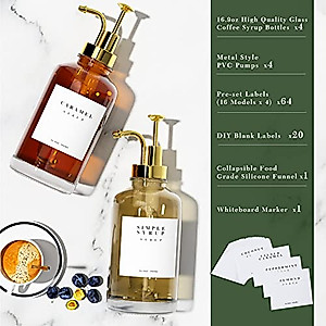 TIMIFTE Coffee Syrup Dispenser for Coffee Bar Accessories，Coffee Pump Dispenser, Glass Syrup Bottle with Gold Pumps and 42 Labels, 16.9 oz 500 ml (4 Pack)