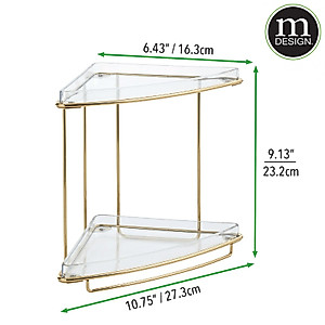 mDesign Steel/Plastic Freestanding Countertop Corner Shelf Organizer with 2-Tier Storage for Bathroom, Vanity, Cabinet, Counter - Holds Makeup, Bath Gel - Prism Collection - Clear/Soft Brass