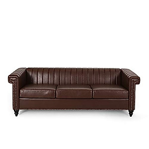 Christopher Knight Home Drury Channel Stitch 3 Seater Sofa with Nailhead Trim - Dark Brown