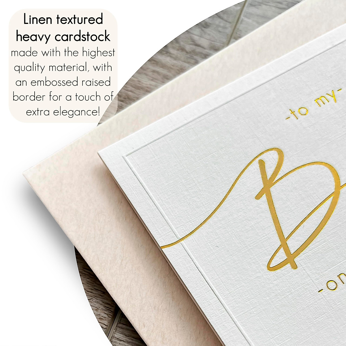 Shoppau Set of 2 Bride and Groom Wedding Day Cards - Linen Textured Cardstock - Elegant Script - 4.875" x 3.75" Folded - Embossed Border - Set of 2 Cardstock Beige Envelopes (Gold Foil)