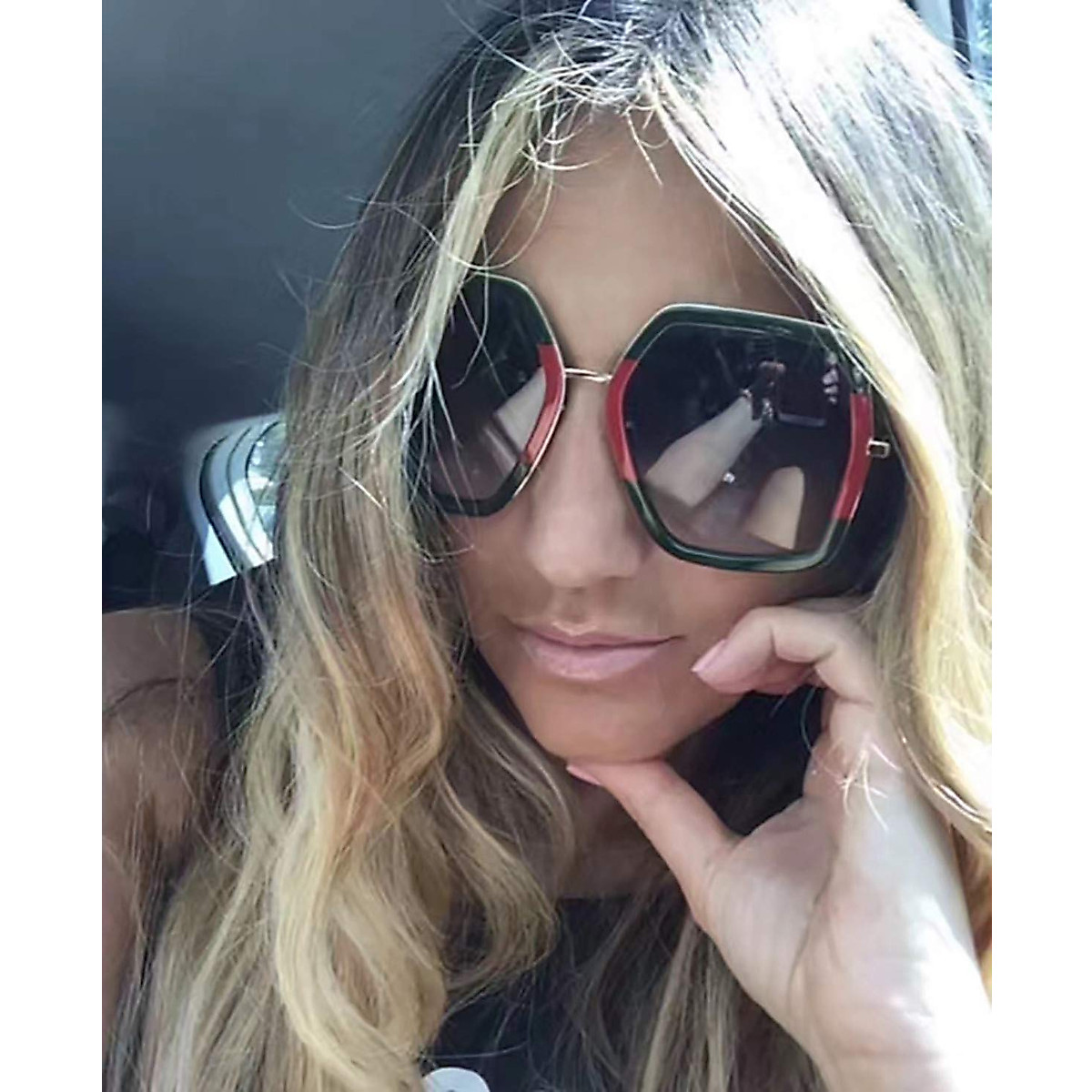 iKANOO Oversized Square Sunglasses for Women Hexagon Inspired Designer Style Shades (Red&green)