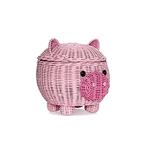 G6 COLLECTION Pig Rattan Storage Basket with Lid Decorative Bin Home Decor Hand Woven Shelf Organizer Cute Handmade Handcrafted Nursery Gift Animal Decoration Artwork Wicker Pink Piggy (Large)