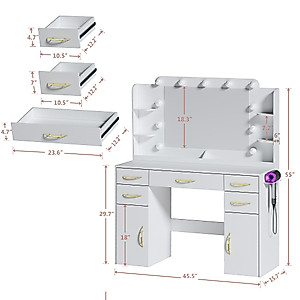 ALEXNUTRE Make up Vanity Desk with Mirror and Lights, Vanity with Lights 3 Models Settings, Vanity with Power Outlet, Vanity Desk with 5 Drawers, 2 Cabinets, Shelves, Makeup Vanity for Bedroom, White