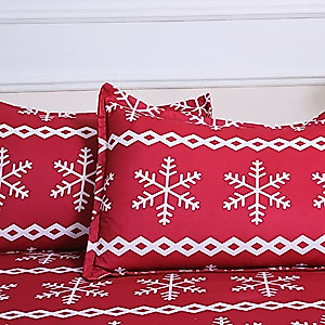 Dykoos Christmas Soft Brushed Microfiber Duvet Cover Set, Holiday Themed Snowflakes, Red and White, Queen Size with Zipper Closure, 1 Duvet Cover and 2 Pillow Shams
