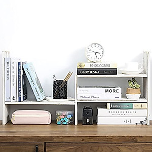 MyGift Adjustable Whitewashed Solid Wood Desktop Storage Organizer Display Shelf Book Rack, Office Desk Bookshelf