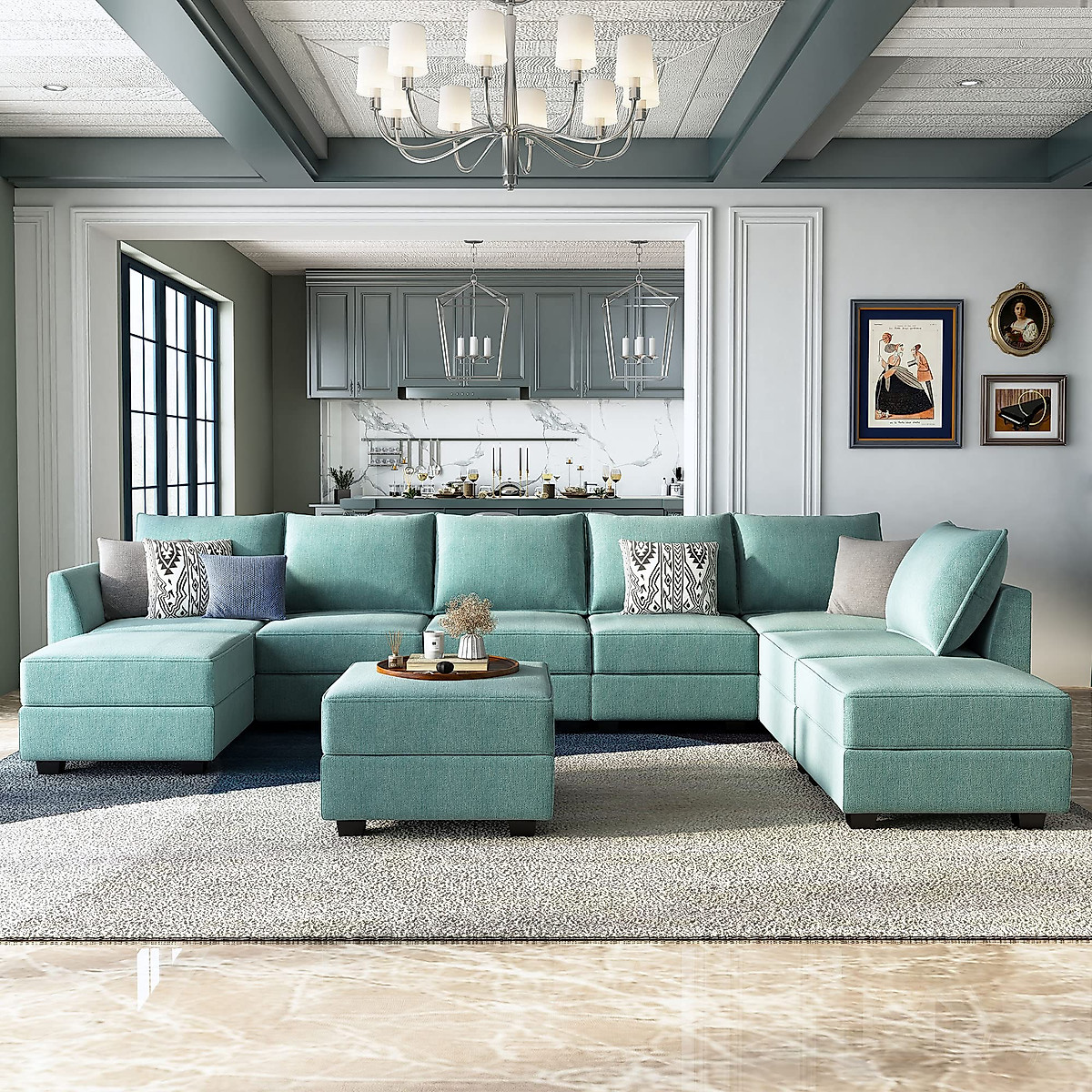HONBAY Oversized Modular Sectional Sofa with Storage Reversible Sectional Couch Modular Sofa with Chaise U Shaped Sectional Set with Ottoman for Living Room, Aqua Blue