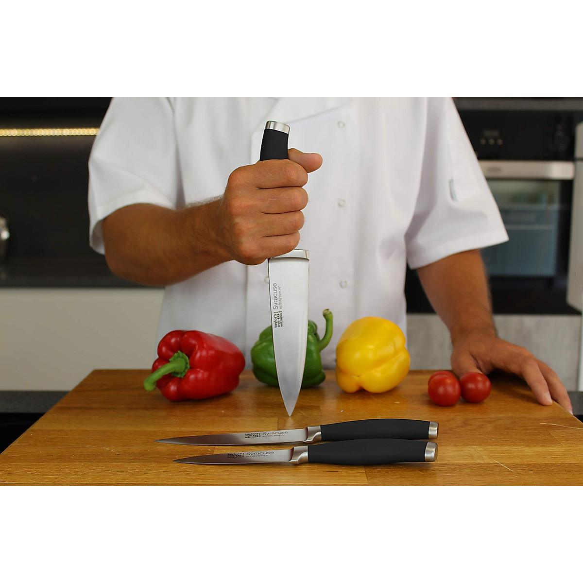 Taylors Eye Witness Syracuse Kitchen Knife 3pce Set - Paring 9cm/3.5”, Chefs 15cm/6” & Cooks All Purpose 13cm/5” Cutting Edge. Ultra Fine, Razor Sharp Blade. Soft Textured Grip Matte Black Handle.