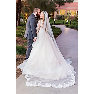 Lace Edge Cathedral Long Length Wedding Bridal Veil with Comb,White