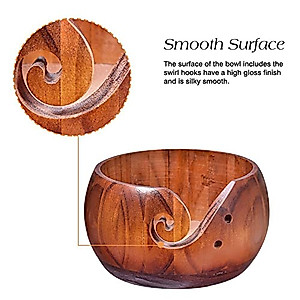 Wooden Yarn Bowl Wool Storage Handmade Craft, Knitting Bowl Basket with Carved Holes & Drills for DIY Knitting, Slipping Prevent Crocheting Accessories, Great Gift for Wife Mother (Brown)