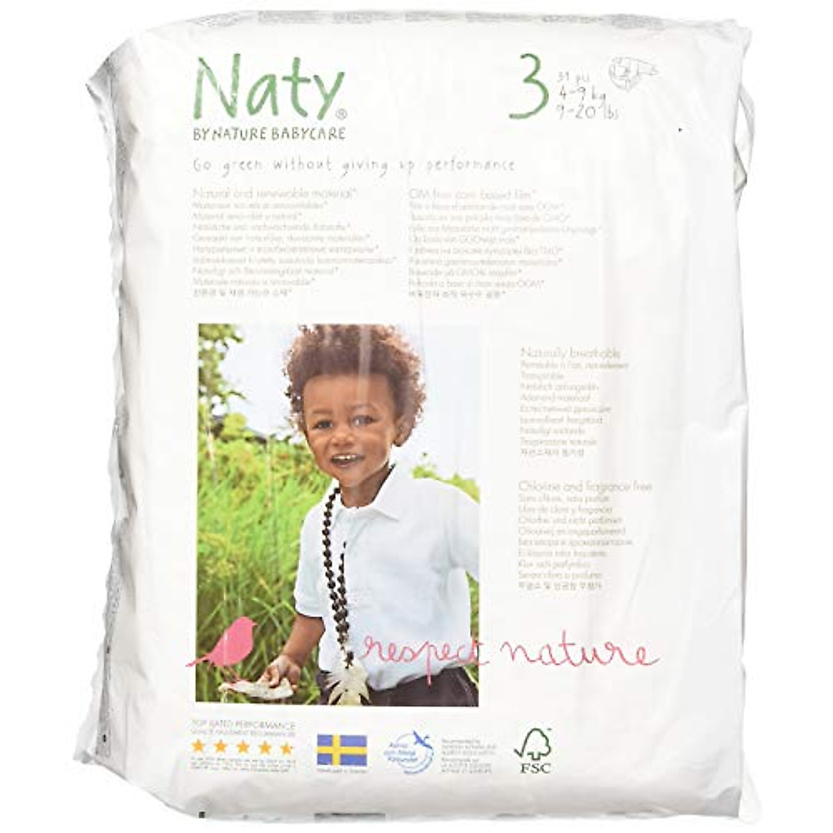 Naty by Nature Babycare Eco-Friendly Premium Disposable Diapers for Sensitive Skin, Size 3, 4 packs of 31 (124 Count) (Chemical, chlorine, perfume free)