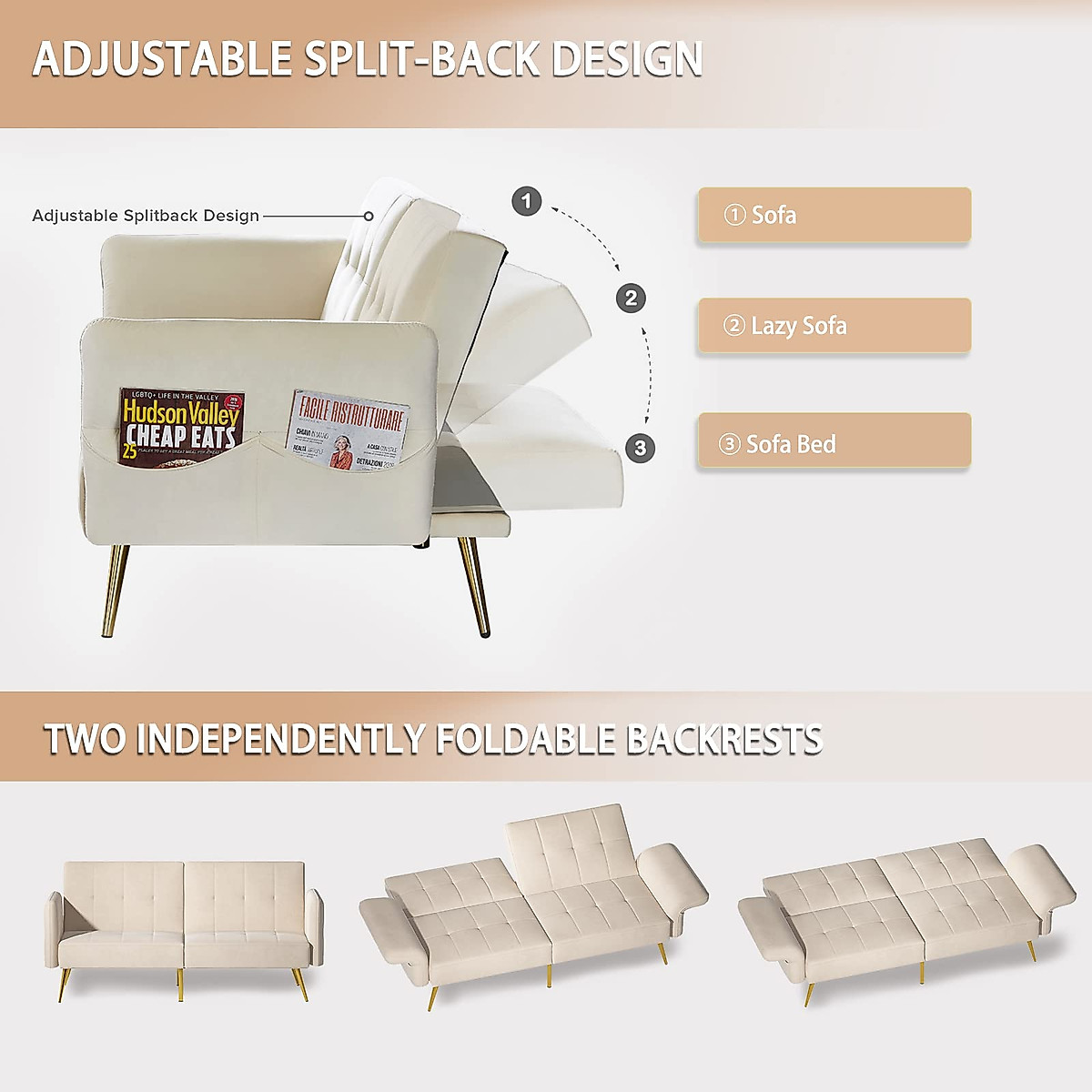 FCNEHLM 77.5” Futon Sofa Bed, Velvet Sofa Bed Futon Convertible Italian Velvet Futon Couch with Foldable Armrests and Adjustable Backrests with Magazine Bags, Sleeper Sofa Bed for Living Room, Beige