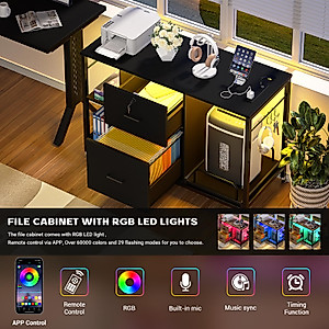 Hyomdeck 47" Lateral File Cabinet with Power Outlet and LED Light, Filing Cabinet with Printer Stand fits Legal/Letter Size, 2 Drawer File Cabinets for Home Office with Lock,Black