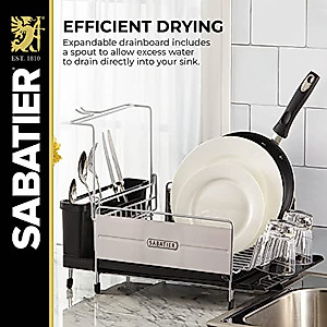 Sabatier Expandable Stainless Steel Dish Rack with Rust-Resistant Soft Coated Wires and Bi-Directional Spout, Gray/Black