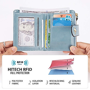 ZLONUBEY Wallet for Women Genuine Leather RFID Blocking Small Women Wallets Bifold Card Case with Zipper Pocket(Blue)