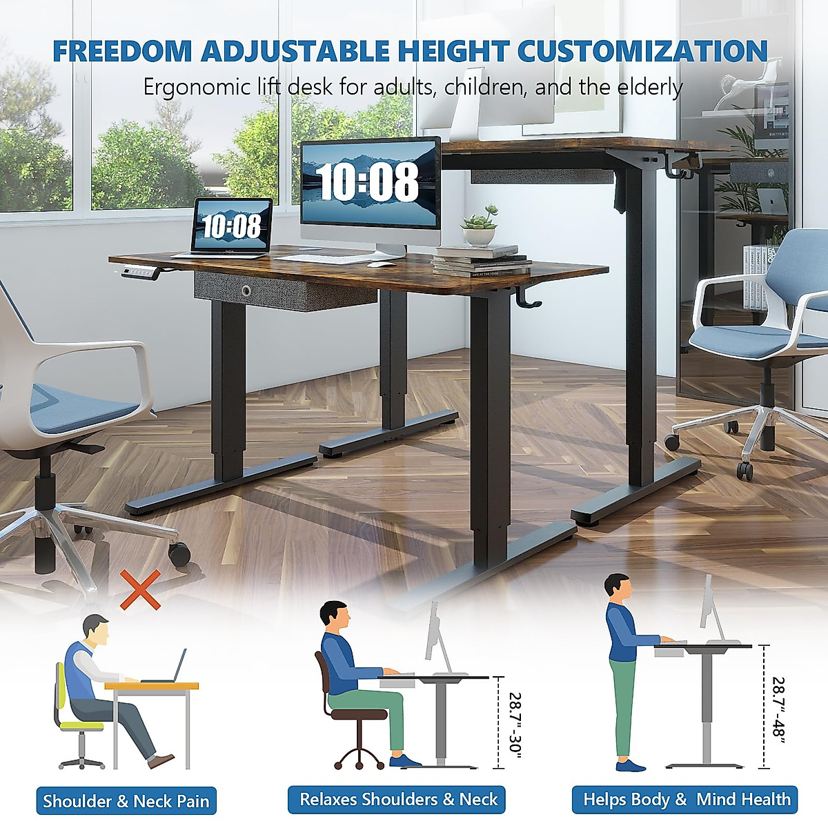 DUMOS 55 Inch Electric, Ergonomic Sit Stand Drawers, Home Office Height Adjustable Desk Computer Workstation, 23.62"D x 55.12"W x 28.74"H, Rustic Brown