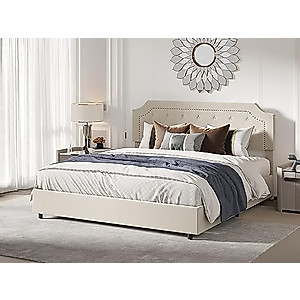 BONSOIR Queen Size Sand Color Bed Frame Upholstered Low Profile Traditional Platform with Tufted and Nail Headboard
