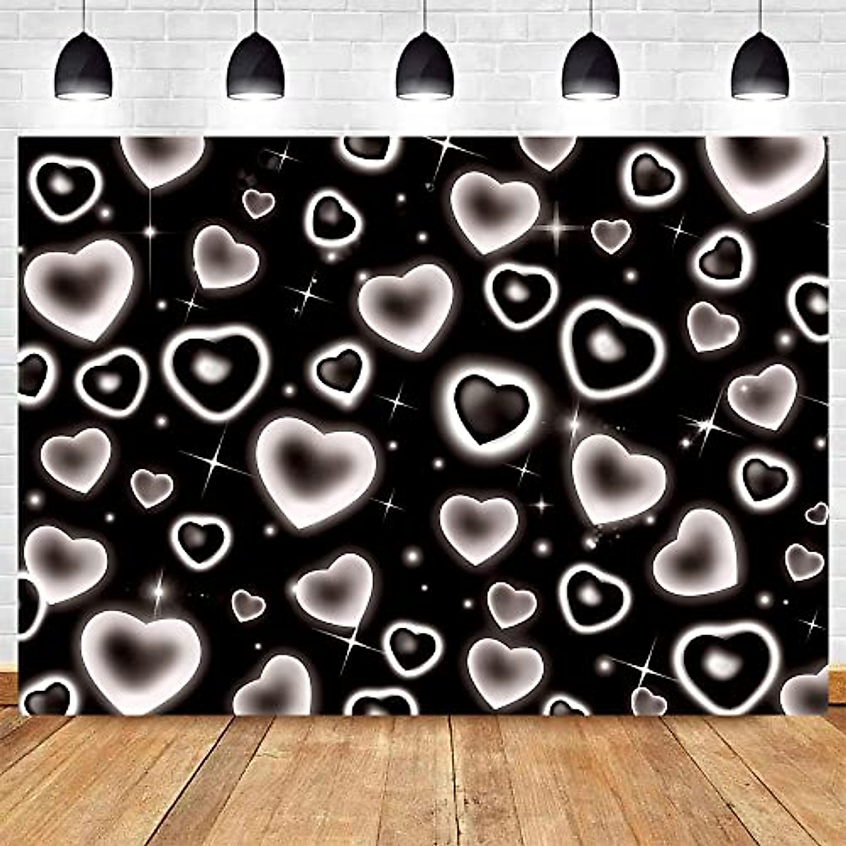 VOUORON 7x5ft Early 2000s Backdrop for Black Heart Party Photography Backdrops Glitter Heart Sweet 16 Happy Birthday Photo Background Wall Decor Valentines Day Photoshoot Banner
