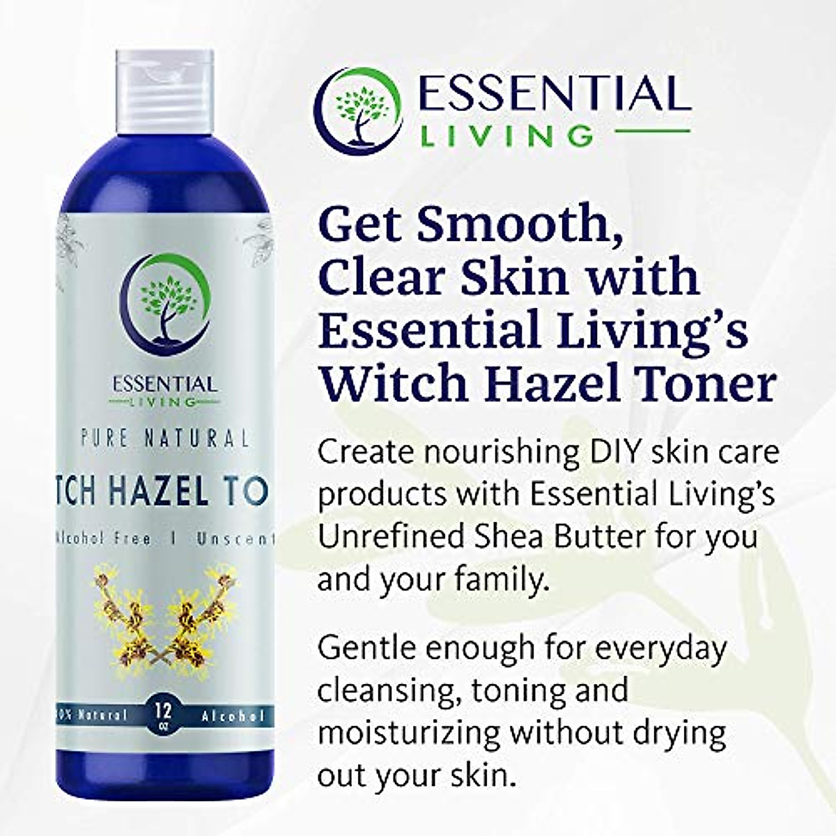 Essential Living: Witch Hazel Toner - Pure and Unscented - 12 oz. Natural Botanical Facial Skin Care Product for Acne and Blemishes - Helps Balance Skin pH - Fights Skin Inflammation - Made in the USA