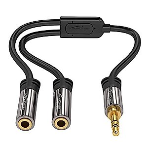 KabelDirekt – 3.5mm Y Adapter & Jack & AUX Splitter (1×3.5mm Male to 2×3.5mm Female, Connect Two Sets of Headphones to a Smartphone/Tablet/Notebook, Stereo, 4in, Black)