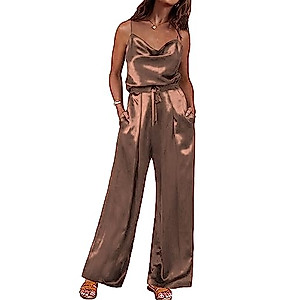 Ekouaer Pajamas for Women Silk Cowl Neck Cami Top Wide Leg Long Pants Set Satin Pjs Sleepwear 2 Piece Lounge Set Brown,Medium