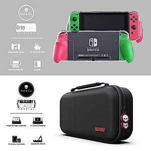 Skull & Co. GripCase Crystal Bundle: A Dockable Transparent Protective Cover Case with Replaceable Grips [to fit All Hands Sizes] for Nintendo Switch -Neon Pink & Green