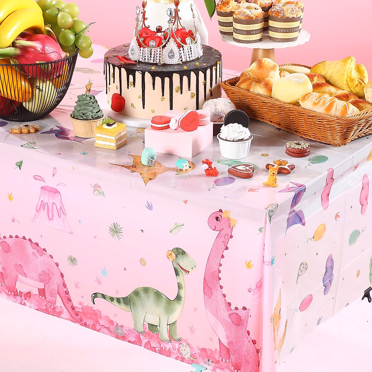 3 Pieces Dinosaur Party Tablecloths Pink Dinosaur Table Covers Plastic Disposable Dinosaur Printed Table Cloths Rectangular Dino Party Supplies for Kids Birthday Baby Shower Party, 54 x 86.7 Inches