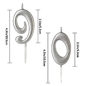 Silver 90th Birthday Candles for Cake, Number 90 9 Glitter Candle Party Anniversary Cakes Decoration for Kids Women or Men