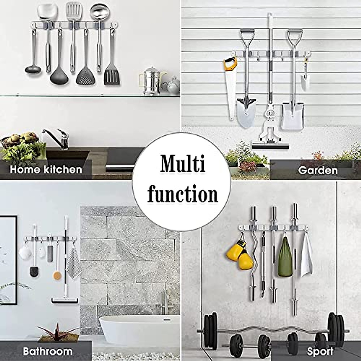 2 Packs Broom and Mop Holder Wall Mounted Garage Organizer Storage Tool Racks Heavy Duty Stainless Steel Mop Holder 4 Hooks 3 Clips, Holds up to 14 Tools for Laundry Room Garden Garage Closet Kitchen