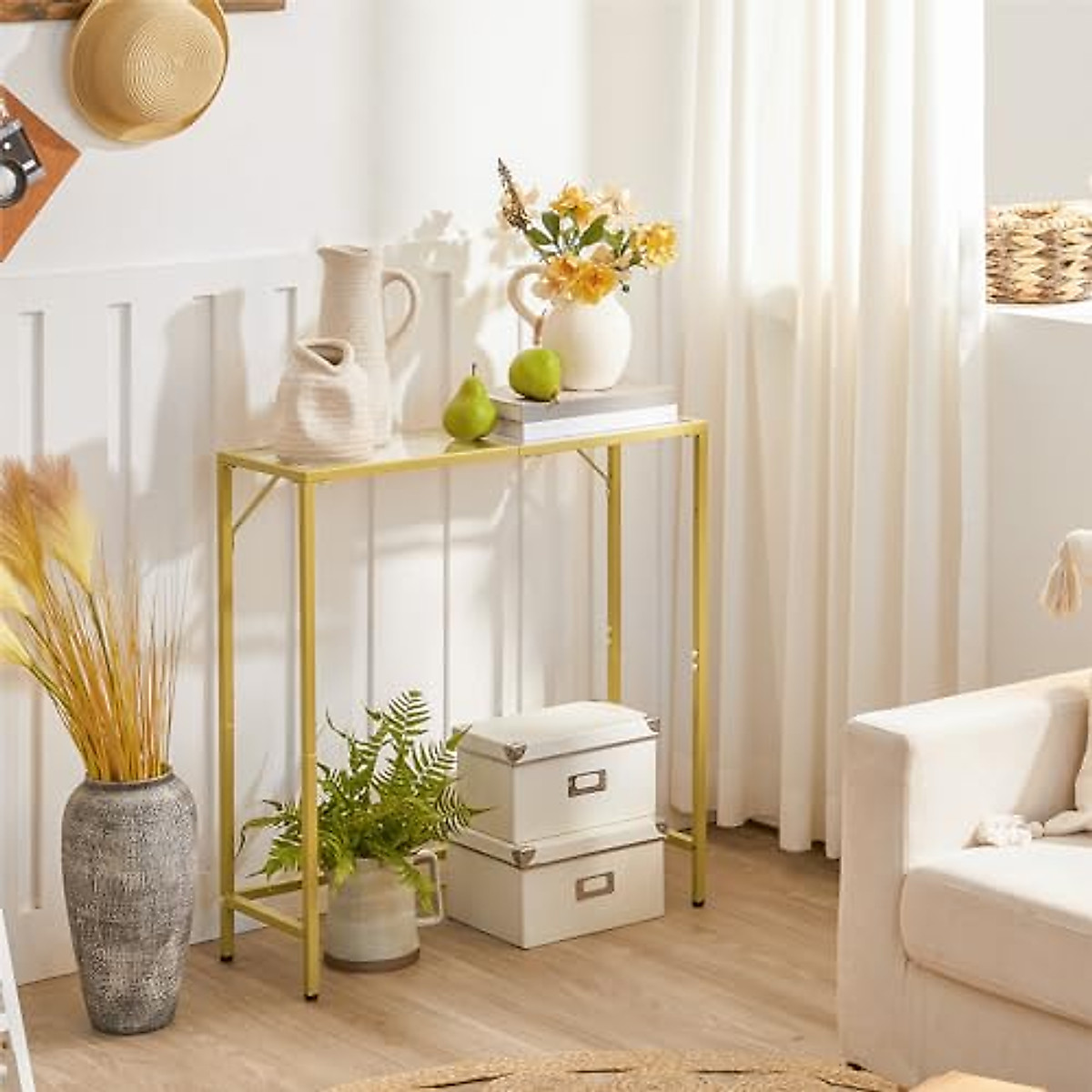 MAHANCRIS Slim Console Table, 27" Narrow Behind Sofa Table, Tempered Glass Entryway Table with Metal Frame, Adjustable Feet, Industrial Style, for Entrance, Living Room, Hallway, Glod CTJ68B01