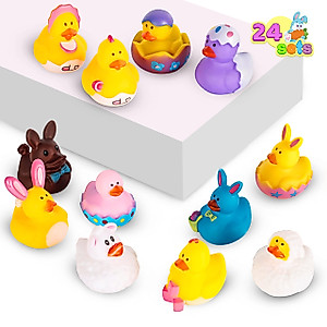 JOYIN 24pcs Easter Rubber Duckies Toys, Novelty Funny Squeeze Ducks for Easter Egg Hunt, Kids Bath Toys, Easter Basket Stuffing, Party Favor