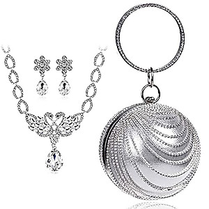Round Clutch tassel Purse Women Crystal Evening Bag for Wedding Party Women's Ball Shape Crystal Evening Clutch Purse Wedding Party HandBags With Necklace Earrings Set(Silver)