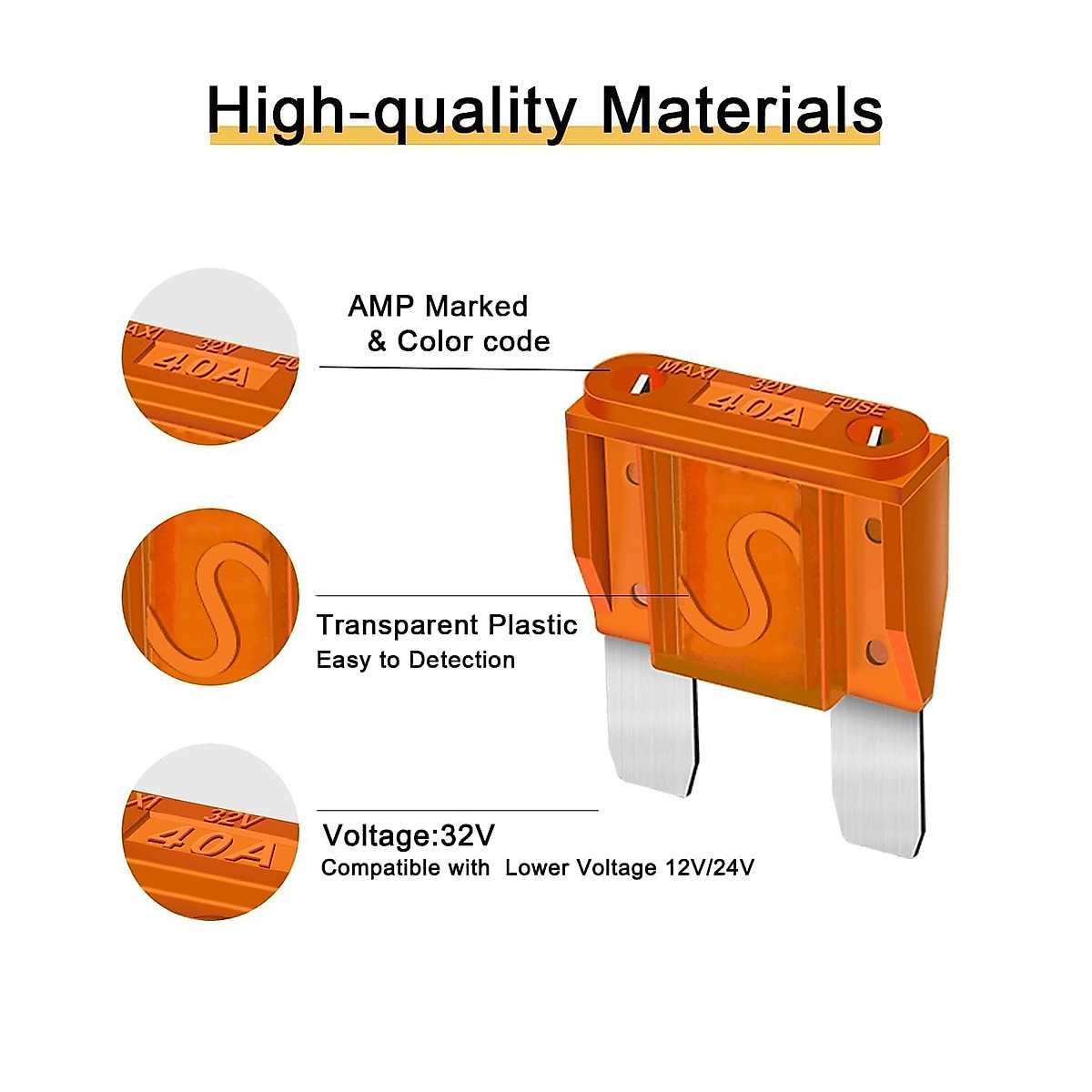 10pcs 40AMP Maxi Fuses - 40A 32V Automotive Blade Fuse for Auto, Car, Rv, Boat, Truck